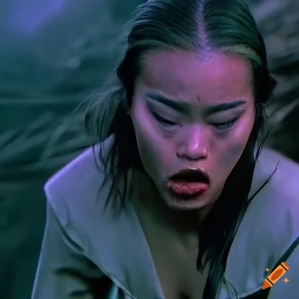 Expressive closeup of a dizzied, sweat-drenched jamie chung in a melee ...