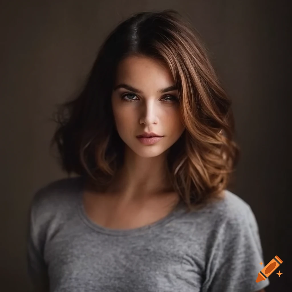 Medium skin tone woman with short brown hair and icy eyes in a light ...