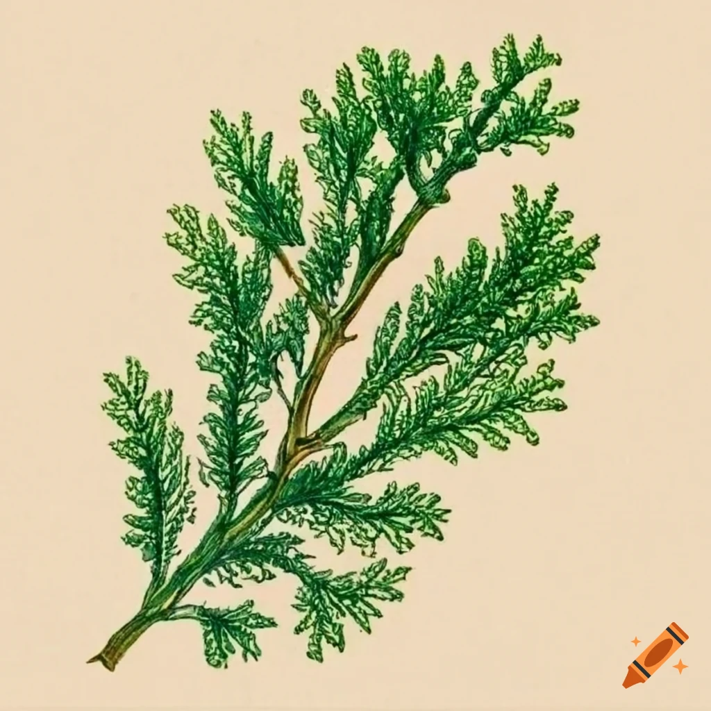 Intricate vintage botanical illustration of Thuja occidentalis plant ...