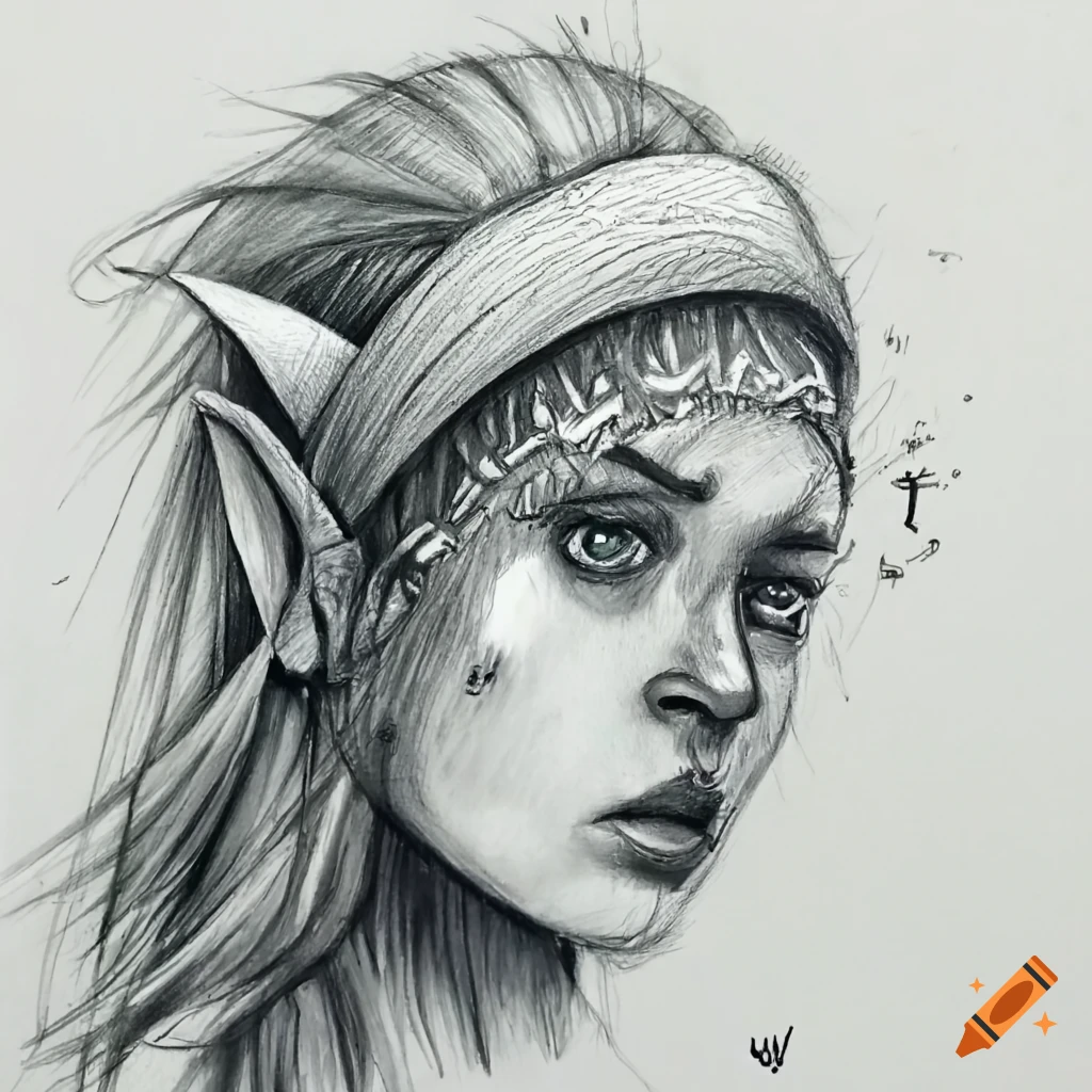 Detailed ink drawing of a worried elf on Craiyon