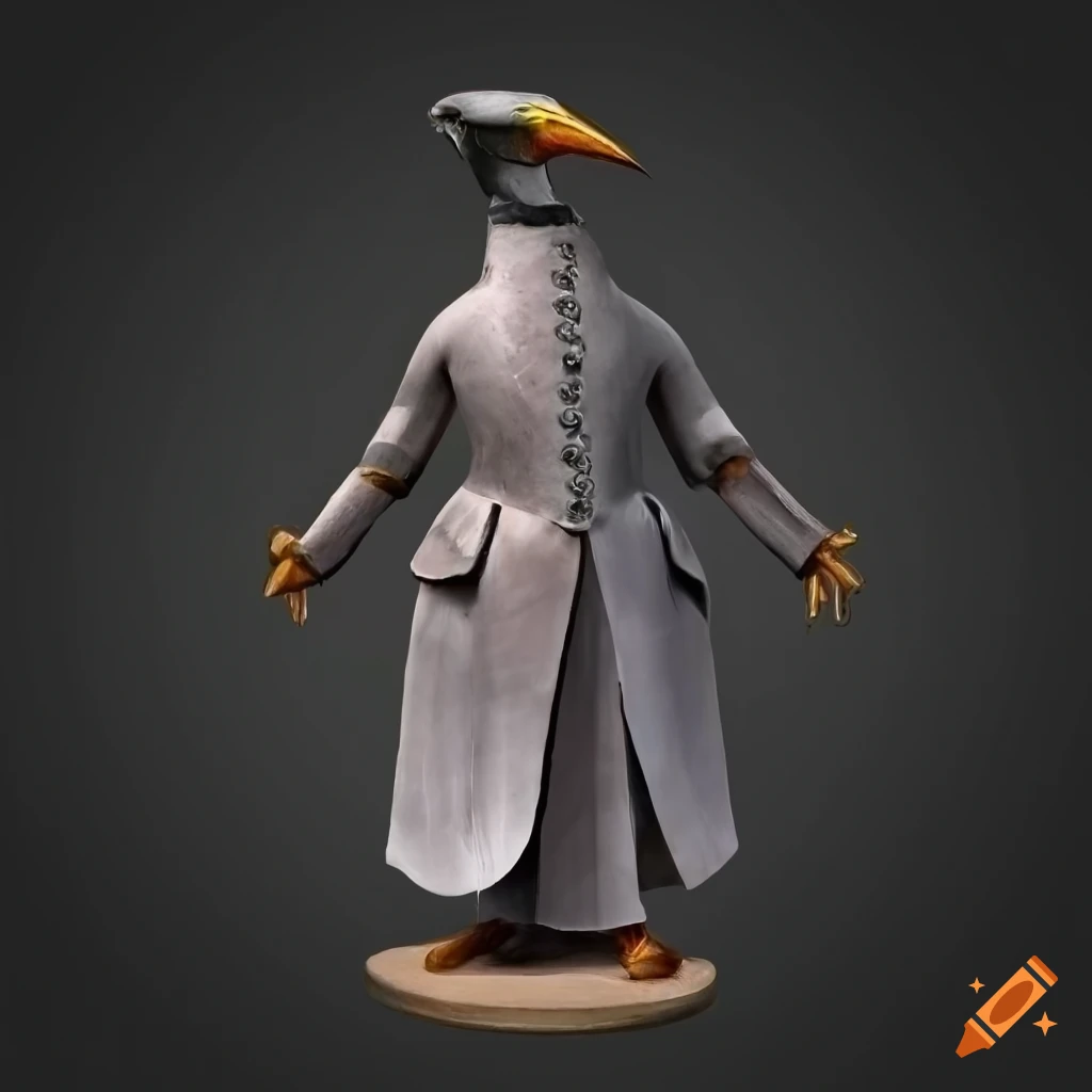 Anthropomorphic bird in a 17th century coat and cravat on Craiyon