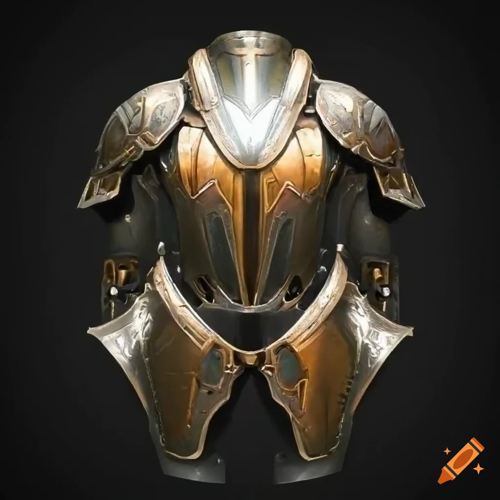 Adorned massive heavy body shiny armor in a front close-up view on Craiyon