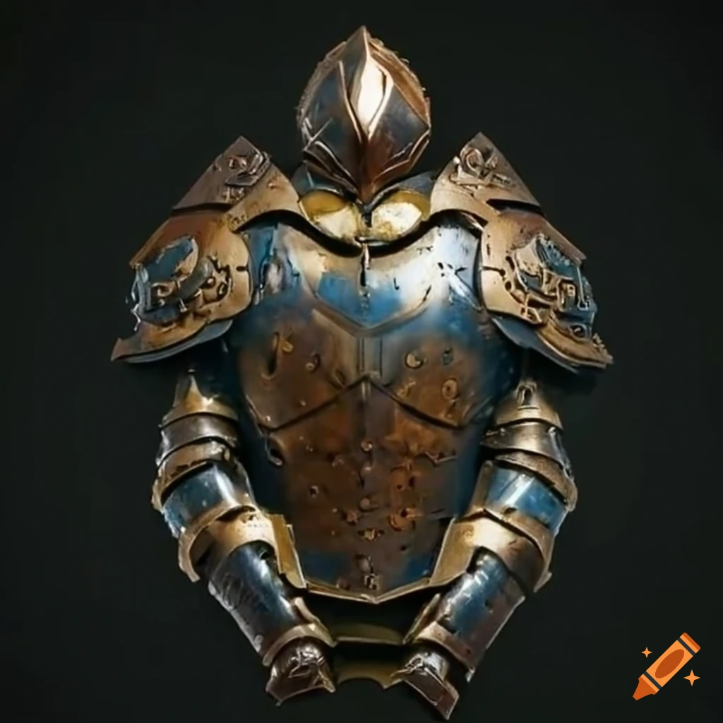 Close-up front view of ornate magical heavy body armor on Craiyon