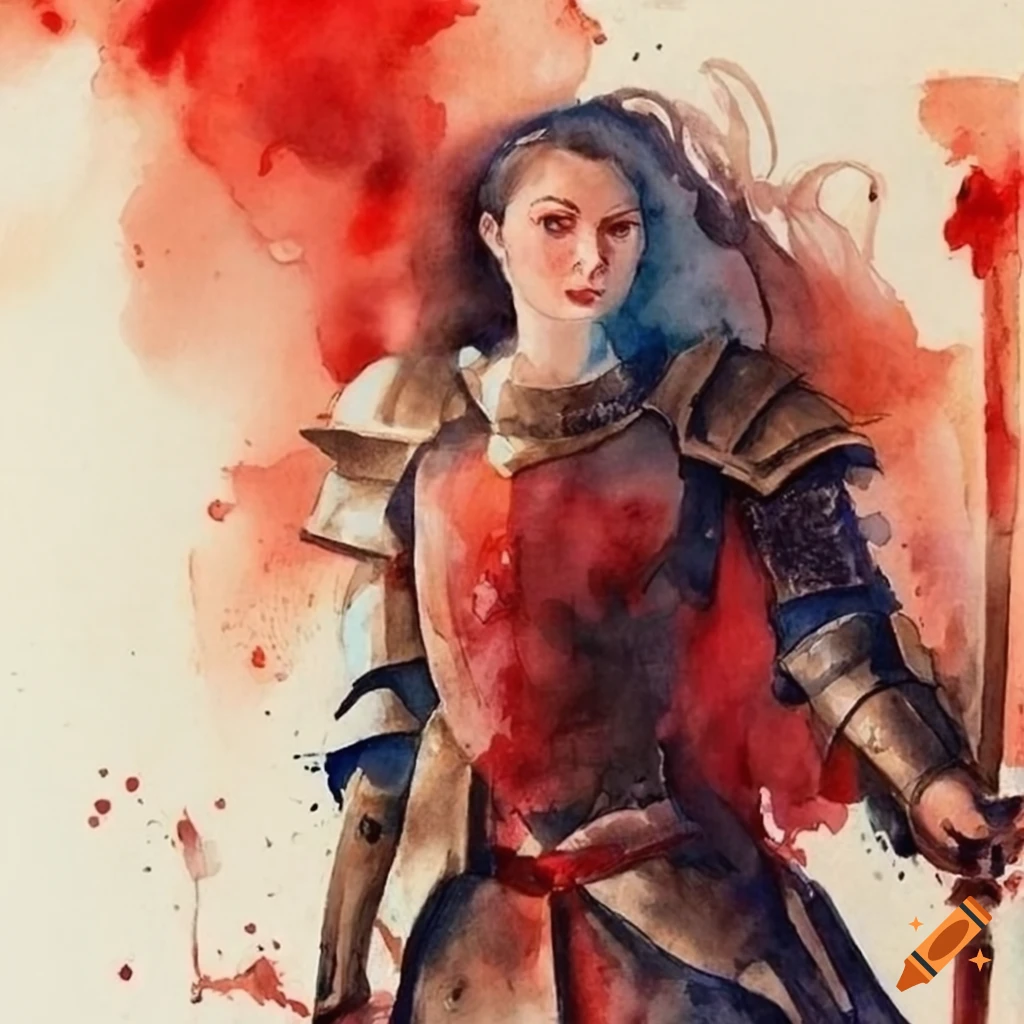 Female knight portrayed in watercolor lying dead in a pool of blood on ...