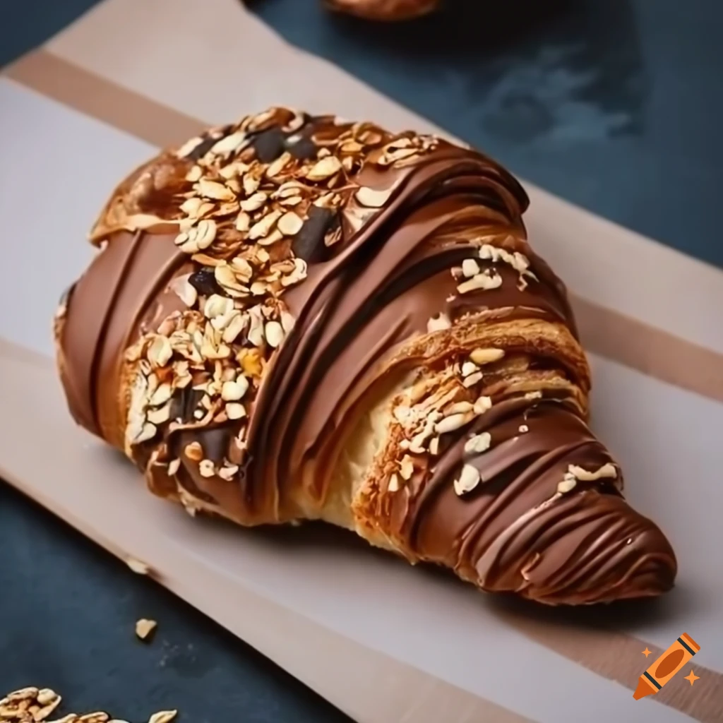 Delicious chocolate-covered croissant with oats and dried fruits on Craiyon