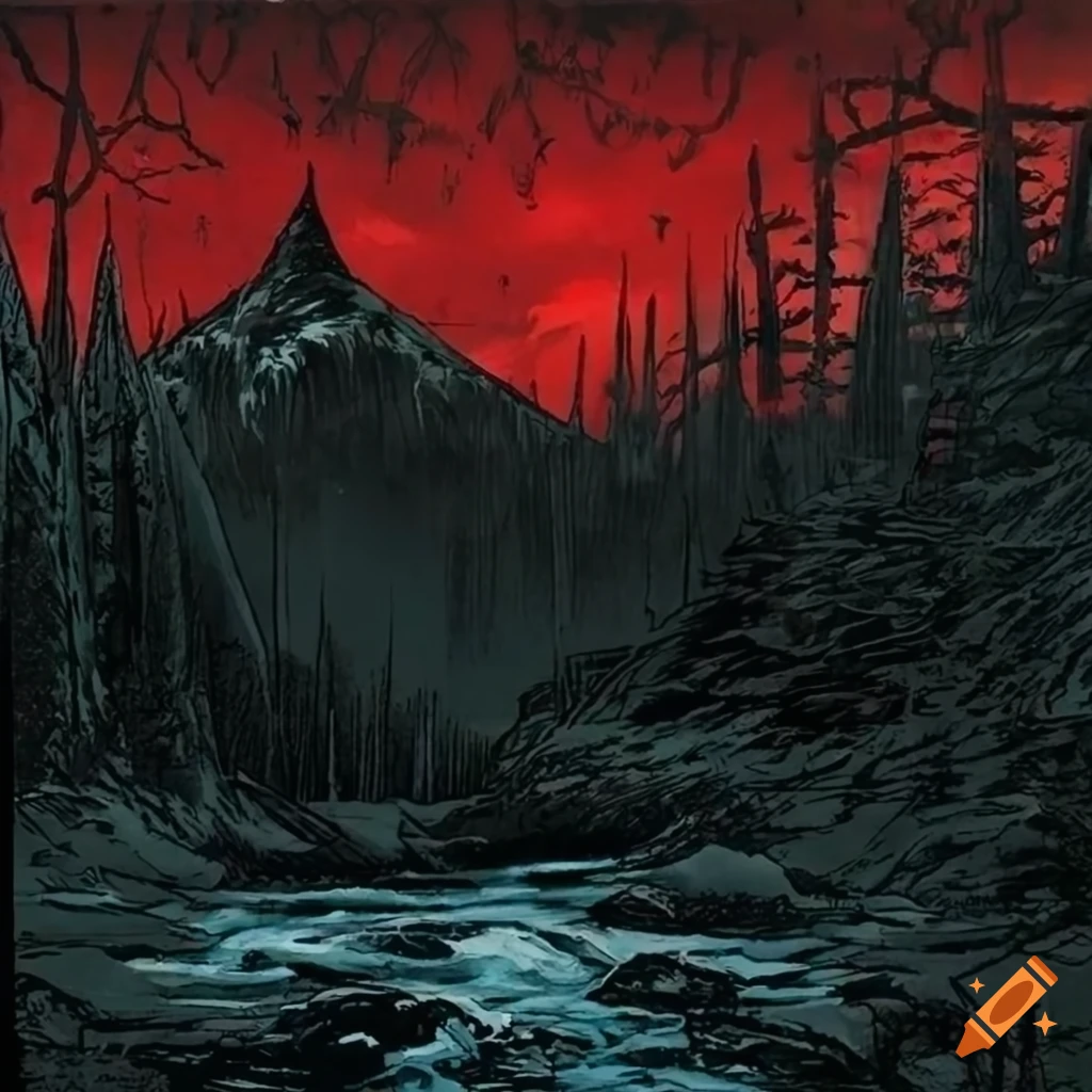 Black and red album art with a creek and wilderness on Craiyon