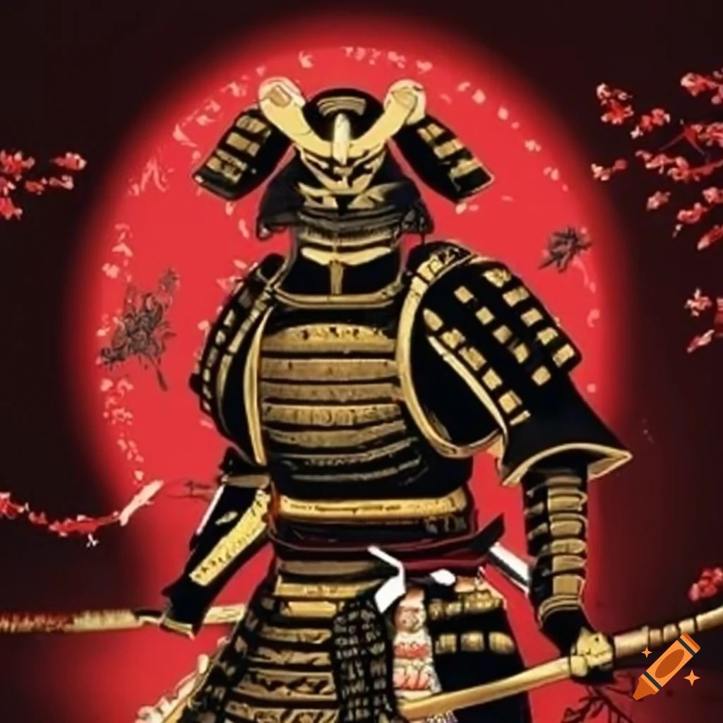 Shogun in red, black, and gold armor amidst cherry blossom trees on Craiyon