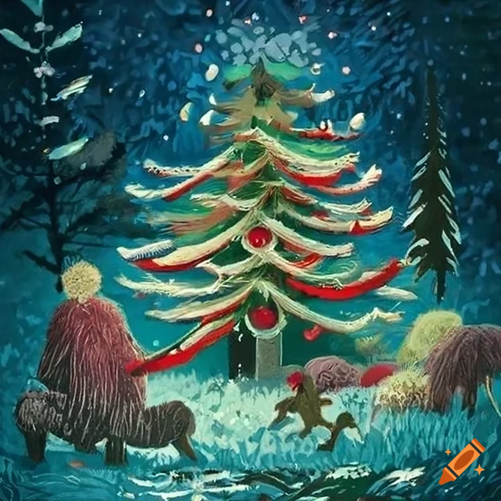 Intricate Christmas Tree made of feathers in a festive forest scene on ...