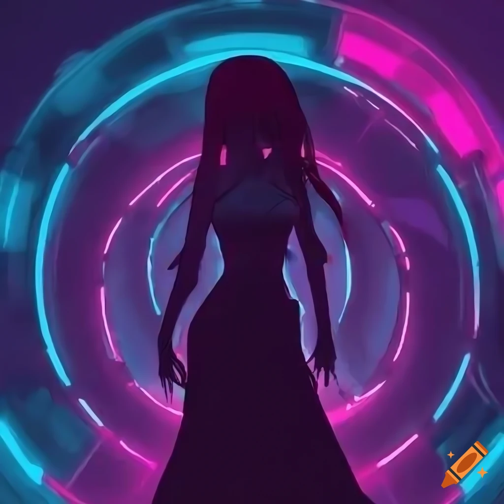 Apocalyptic anime scene with goth woman in neon cyberspace on Craiyon