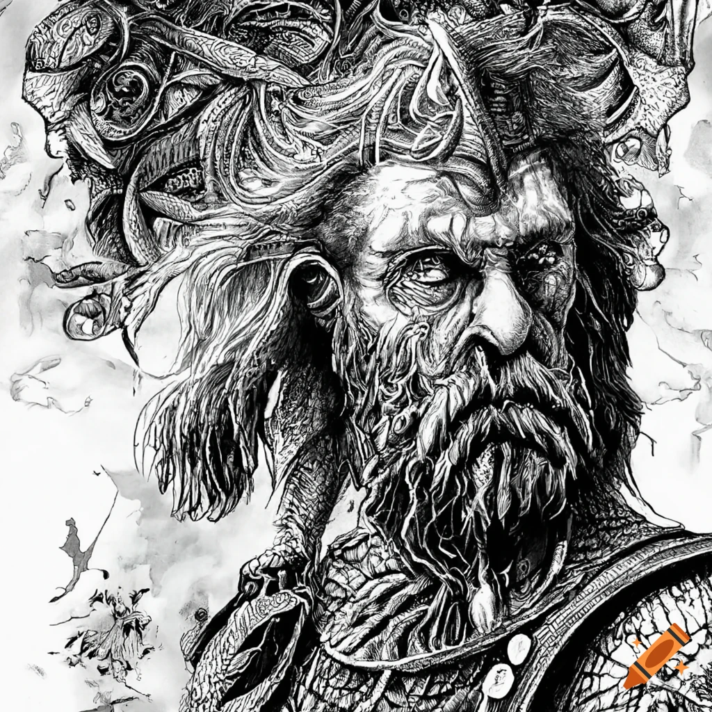 Intricate black ink drawing of a hobbit warrior inspired by stephen e ...