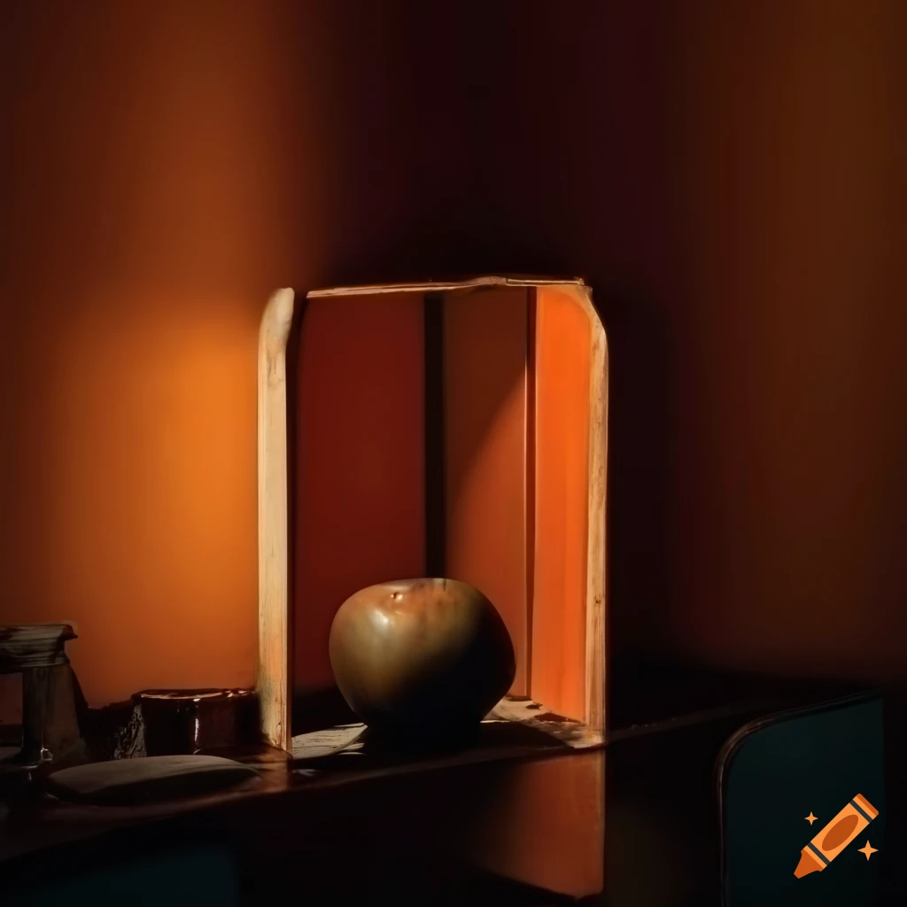 Reddish and orangish asymmetric solid objects on a table in a dark ...