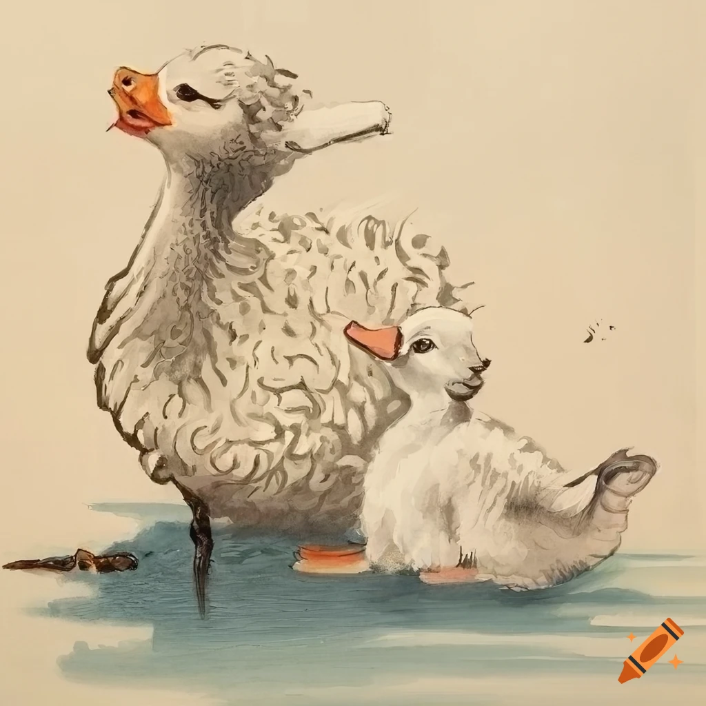 Tranquil sumi-e painting of a lamb and a duck drinking lemonade on Craiyon