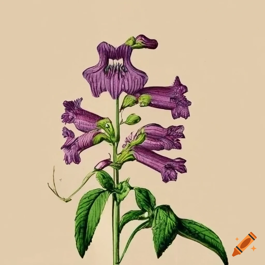 Intricate 18th-century botanical illustration of penstemon plant flower ...