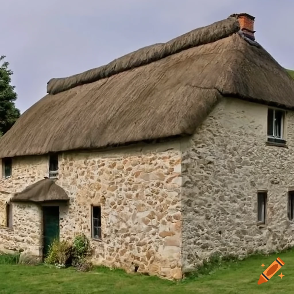 Traditional thatched roof house with lime-washed cob walls and narrow ...