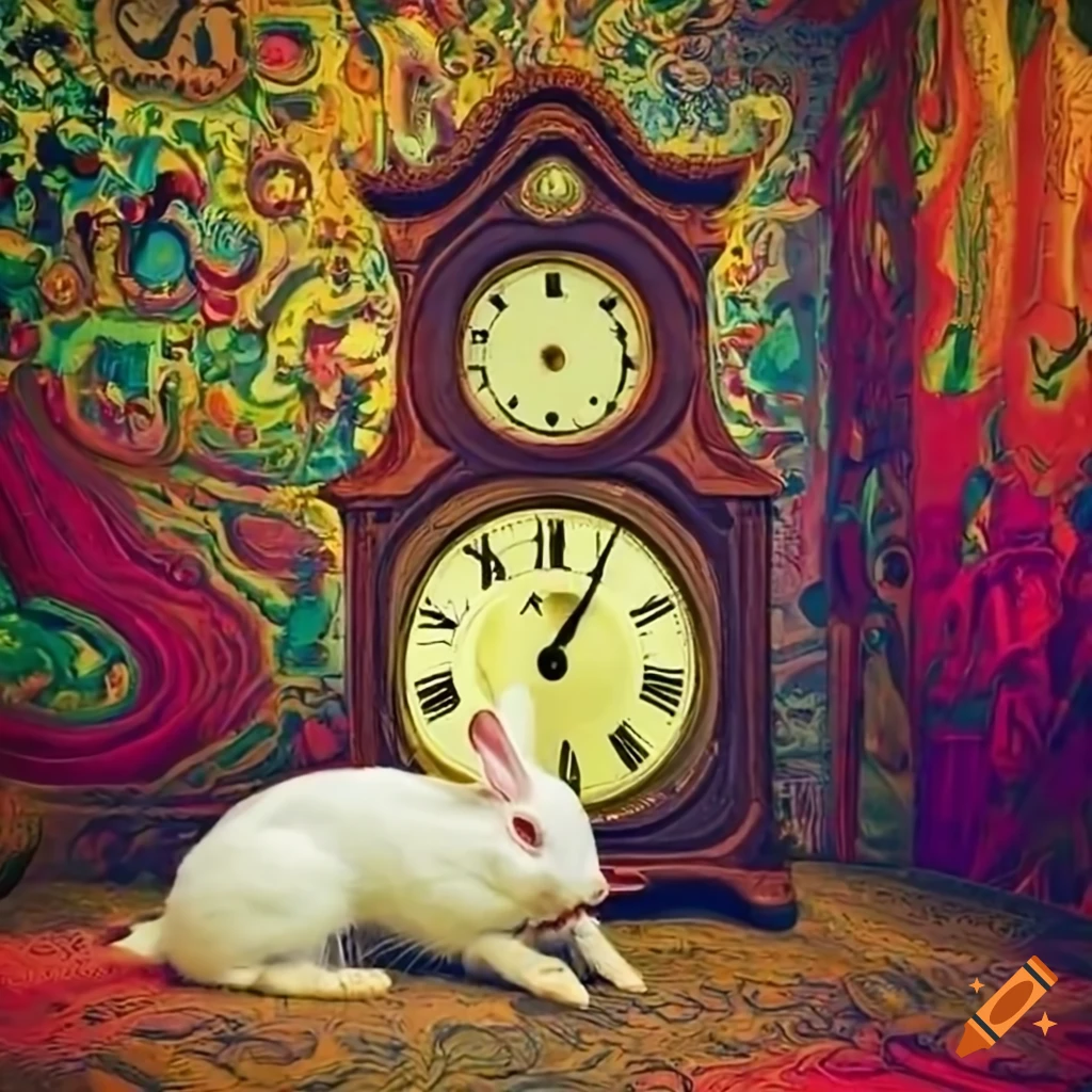 Anxious white rabbit with vintage clock in a psychedelic room on Craiyon