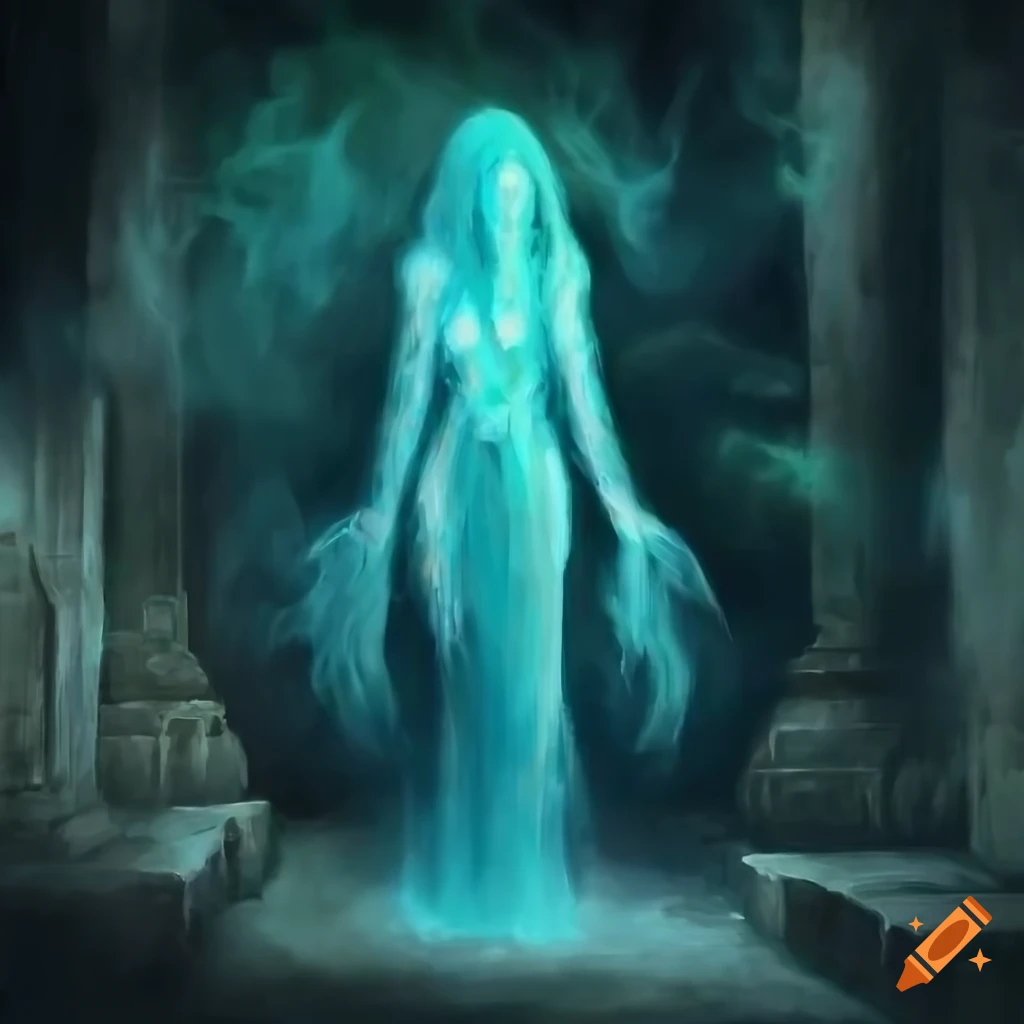 Spectral ghost woman with long hair emerging from a tomb in a castle ...