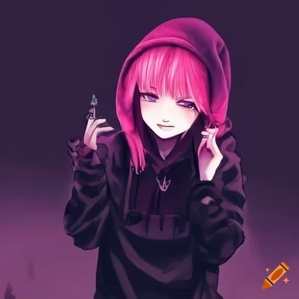 Goth anime girl in black hoodie with hood up and ski mask on Craiyon