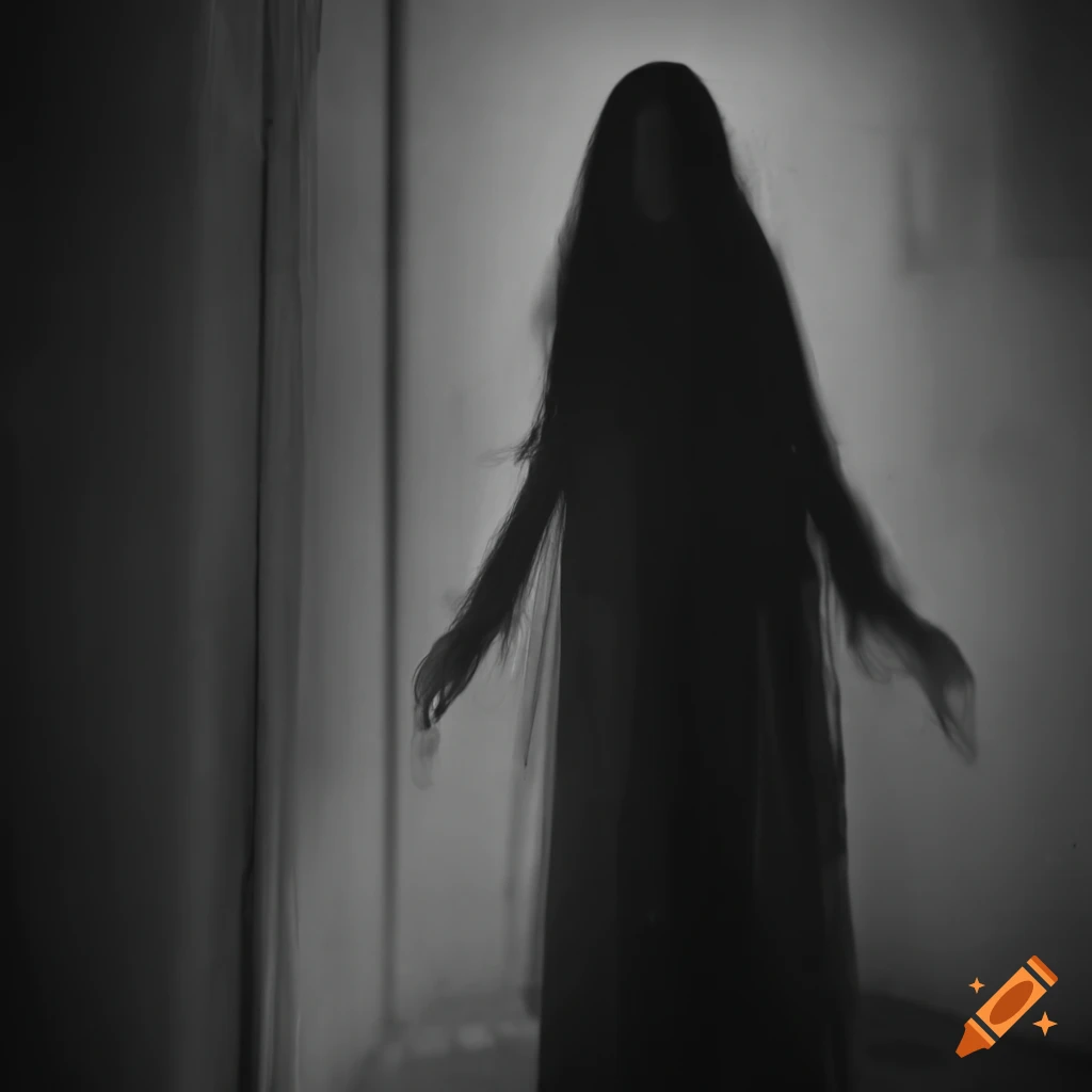 Eerie image of a ghostly woman in tattered robes in a dimly lit corridor on Craiyon