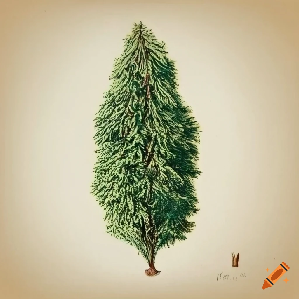 Detailed vintage botanical illustration of Thuja occidentalis plant on ...