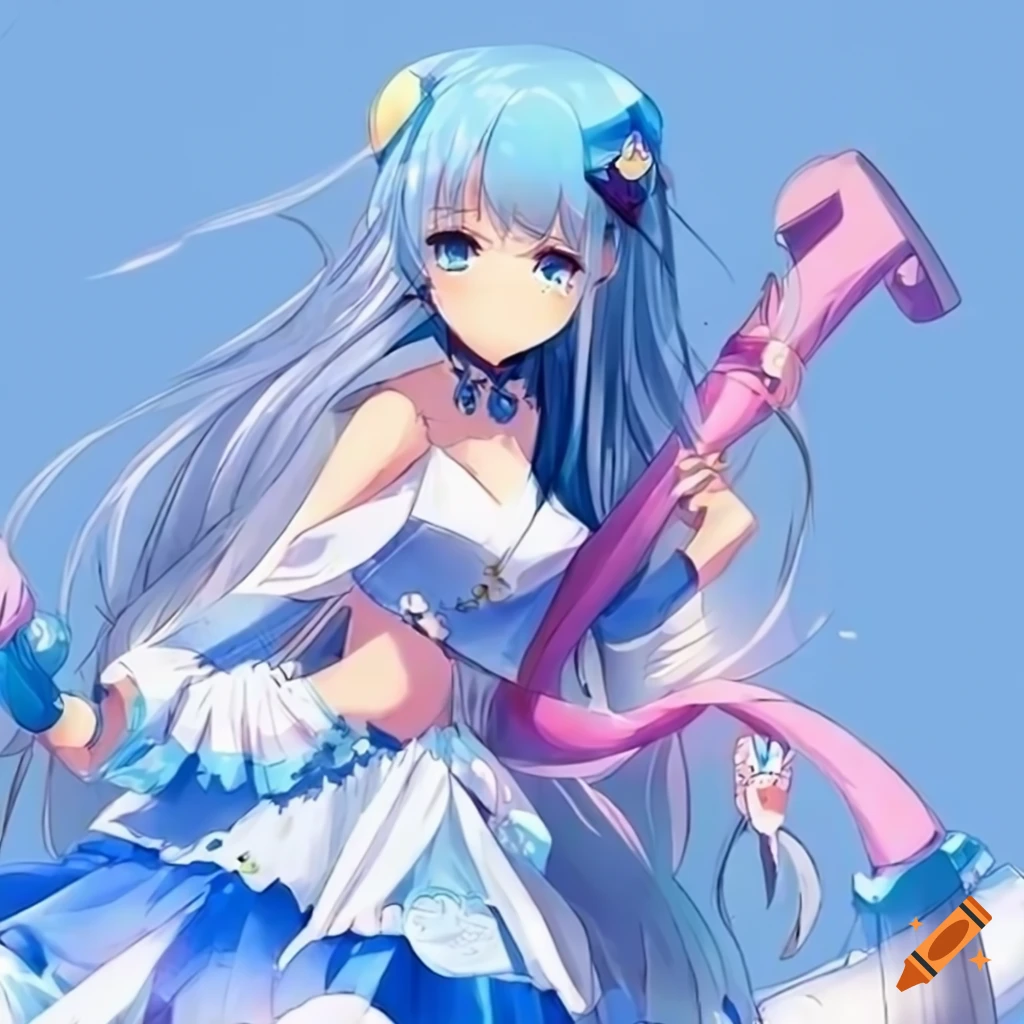Cute anime magical girl with long blue hair and a giant hammer on Craiyon