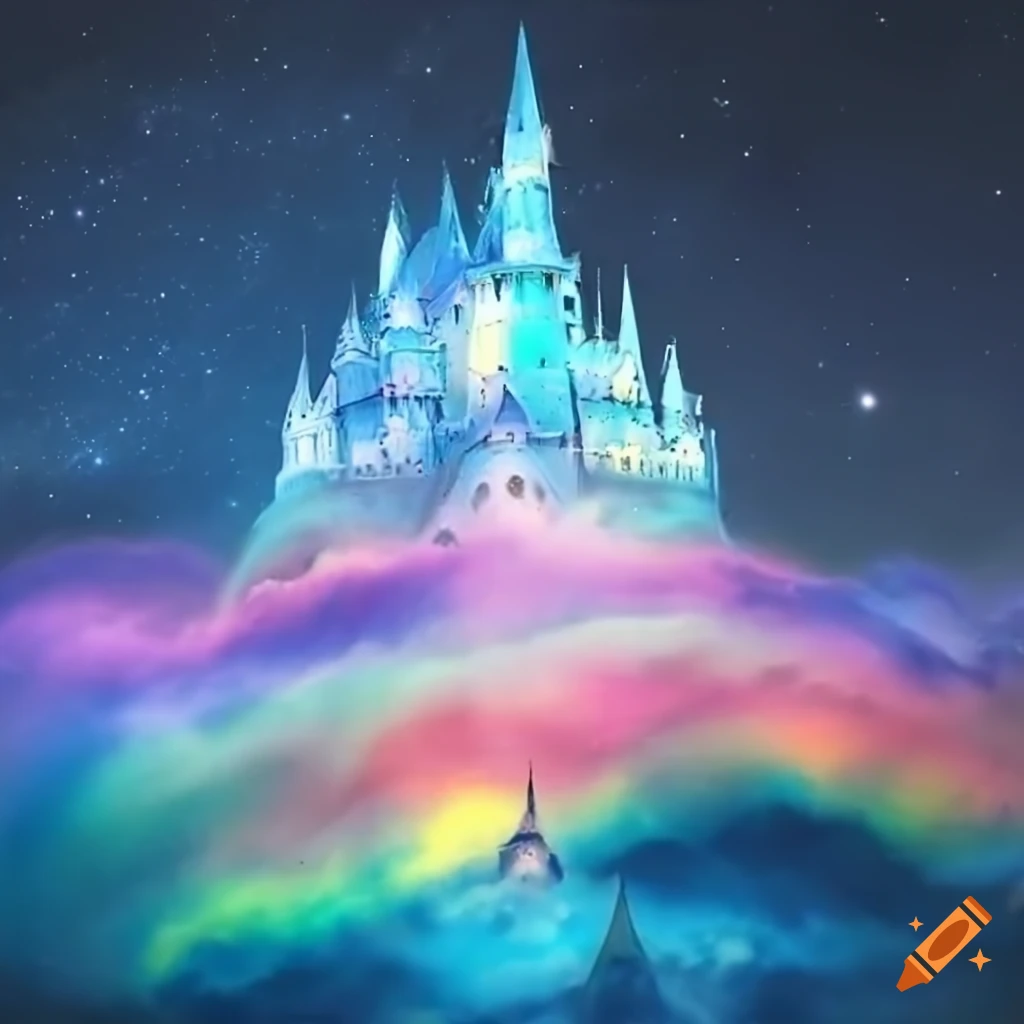Mystic castle on a rainbow-cloud surrounded by stars on Craiyon