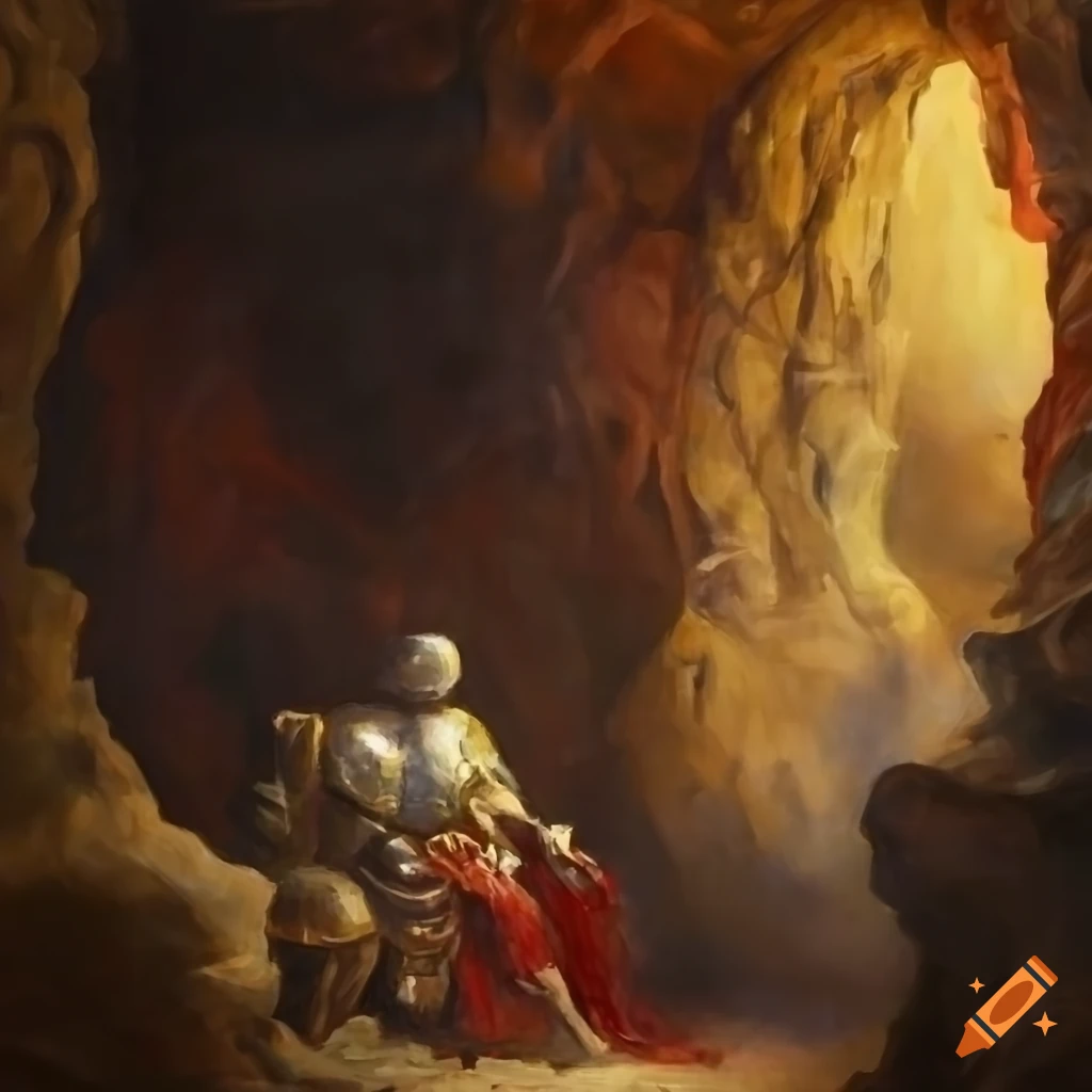 Impressionist painting of a wounded knight exploring a lit cavern in a ...