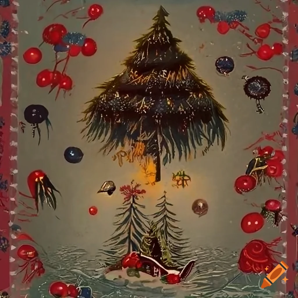 Intricate christmas tree made of feathers in a festive forest scene ...