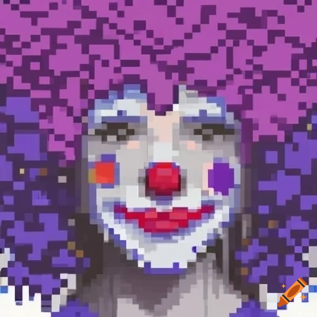 Pixel art portrait of a cute clown with a purple wig on Craiyon