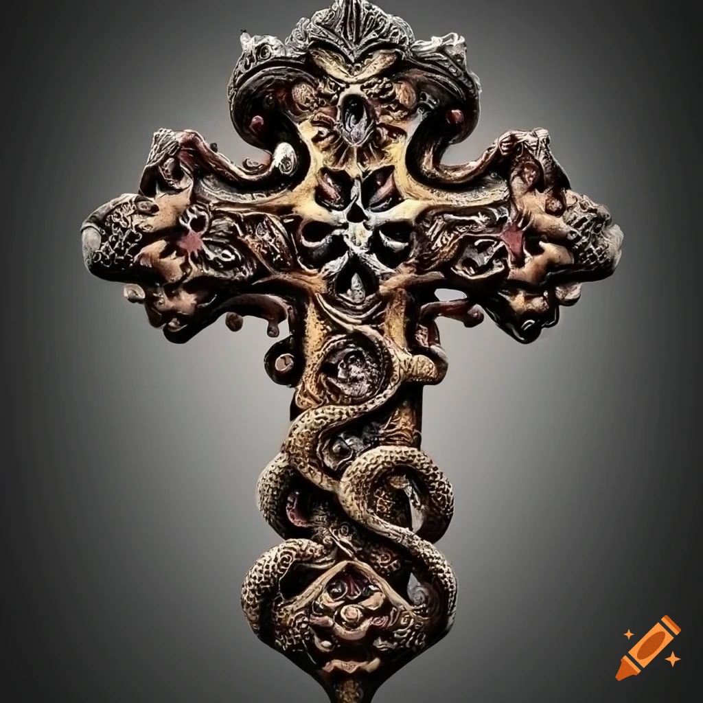 Gothic cross with snakes, roses, and skulls on Craiyon
