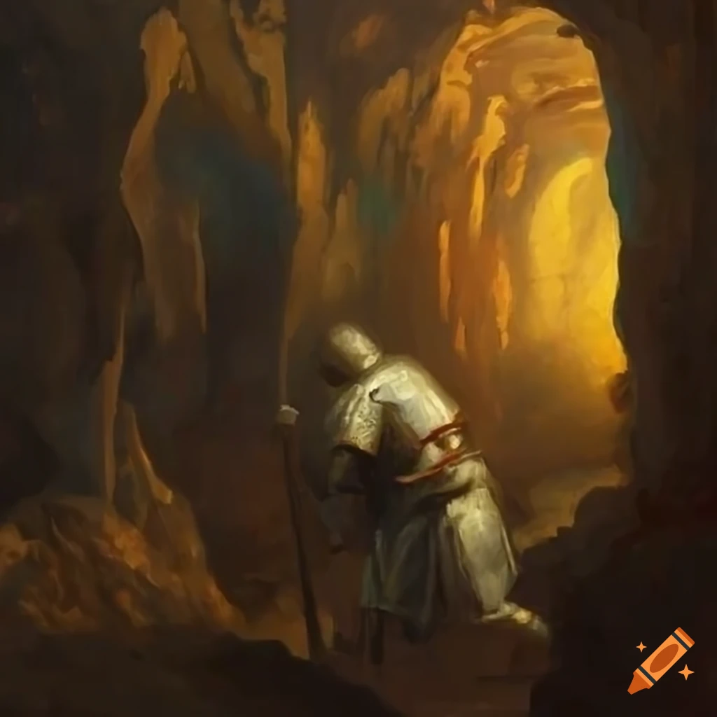 Impressionist painting of a wounded knight in a cave lair walking ...