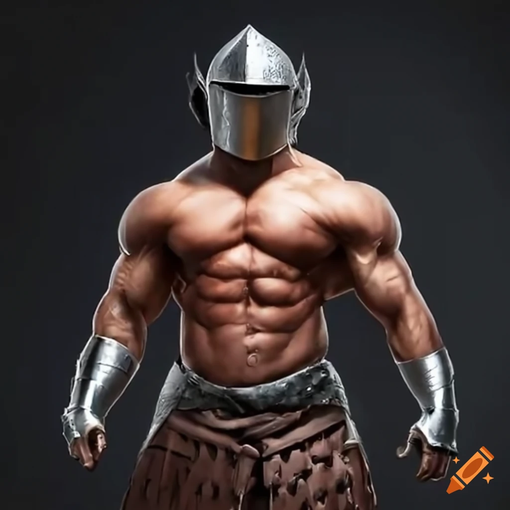 Knight training in full armor with muscles flexing on Craiyon