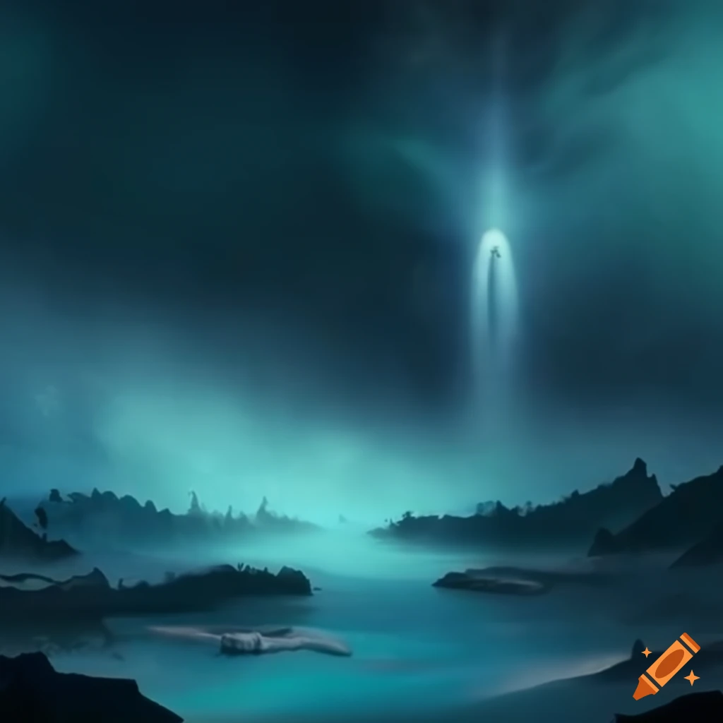 Special effect of god rays shining on a mountain lake, creating a sense ...