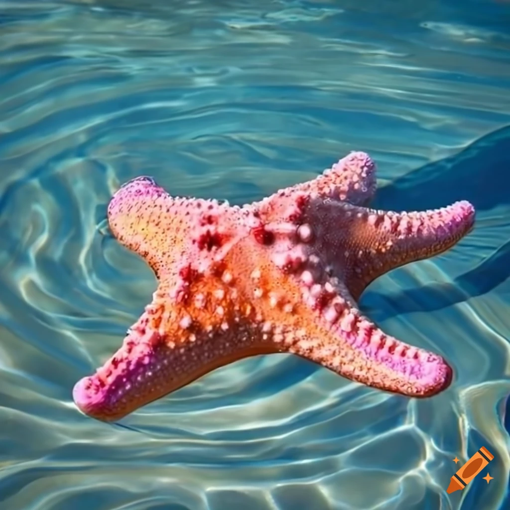 Rainbow starfish with 5 thick arms floating in a pool on Craiyon