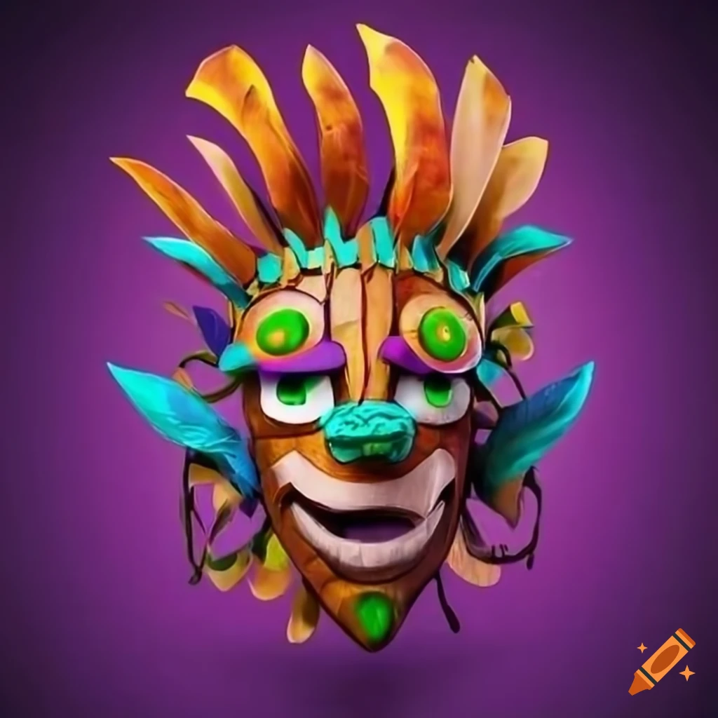 Vibrant and intricate wooden Sumarian mask with feather crown in a ...