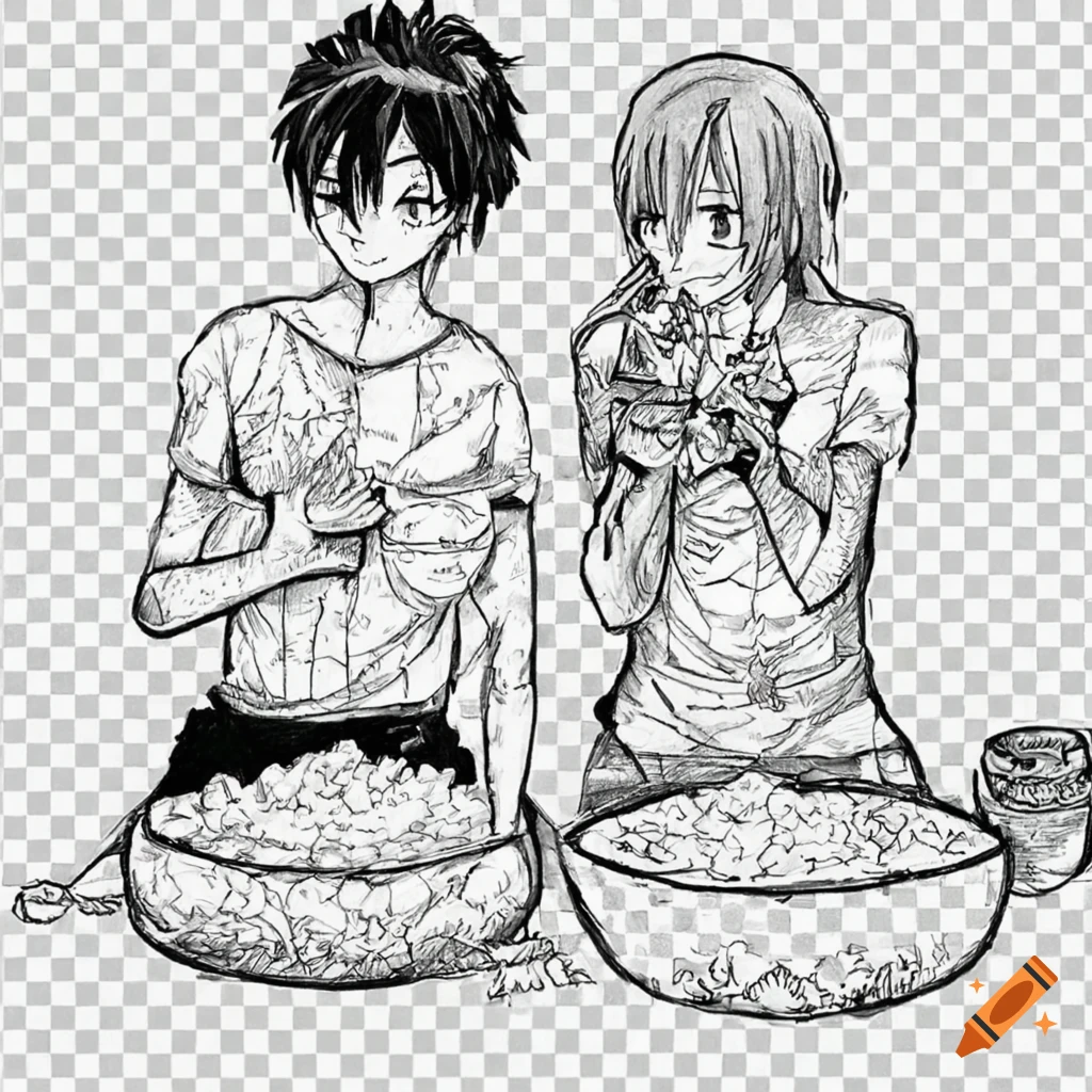 Anime characters enjoying a meal of rice in a pencil drawing on Craiyon