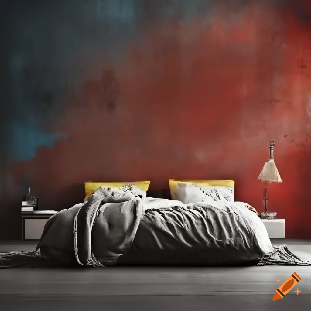 Industrial cozy modern bedroom with red, blue, and yellow decor on Craiyon