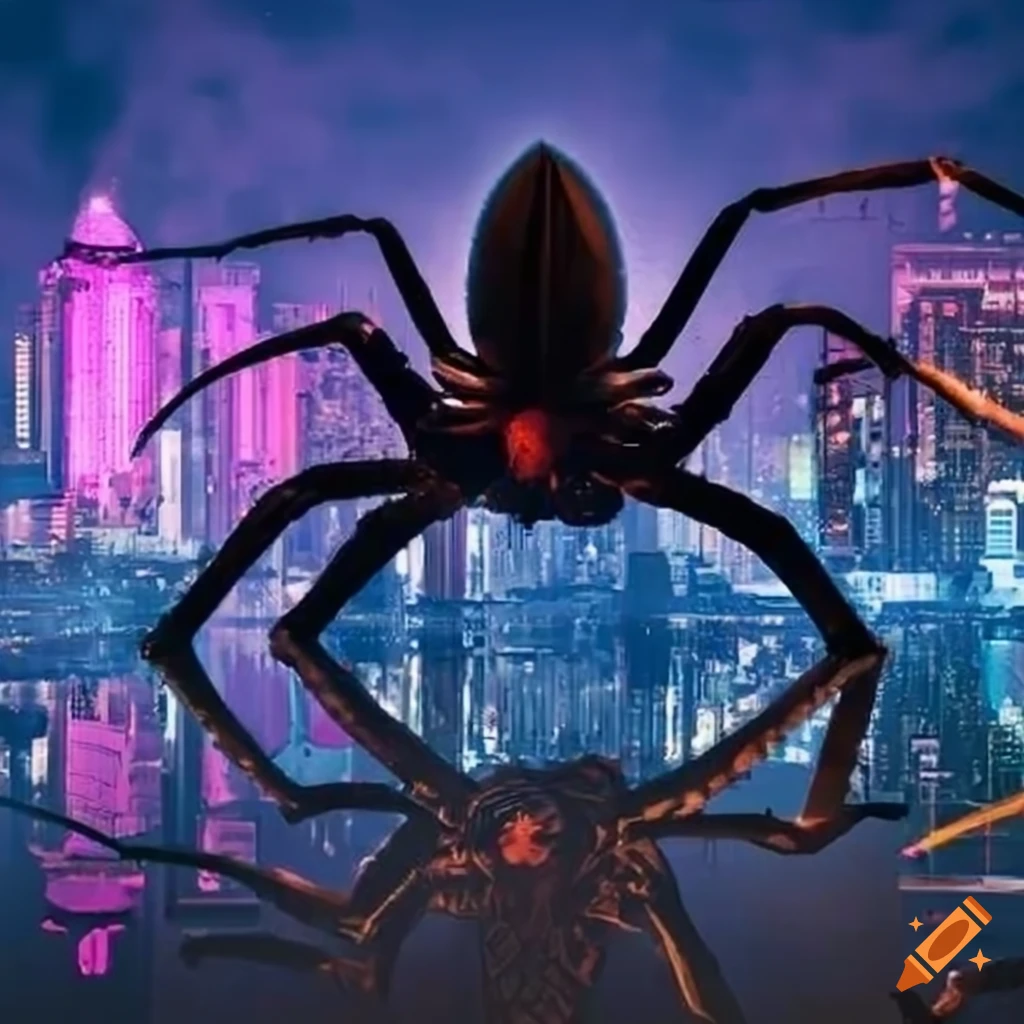 Spider traveling through the city on Craiyon