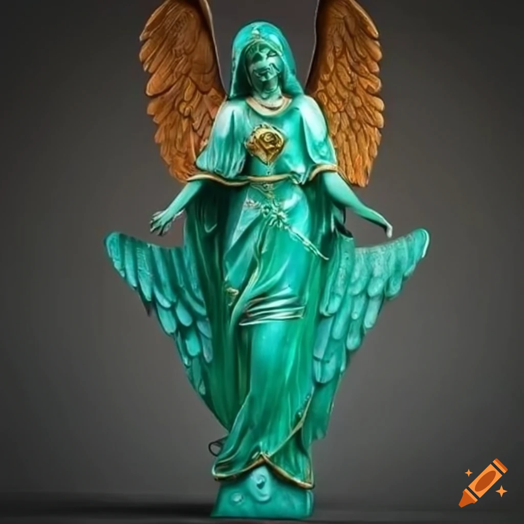 Emerald-crafted angel with outstretched arms in a serene pose on Craiyon