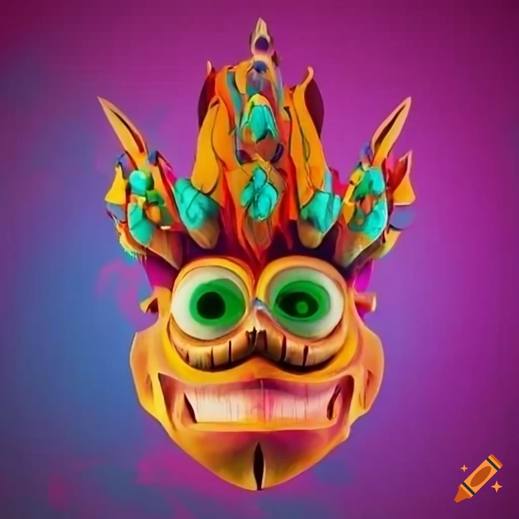 Vibrant Sumerian wooden mask with feather crown in contemporary Crash ...