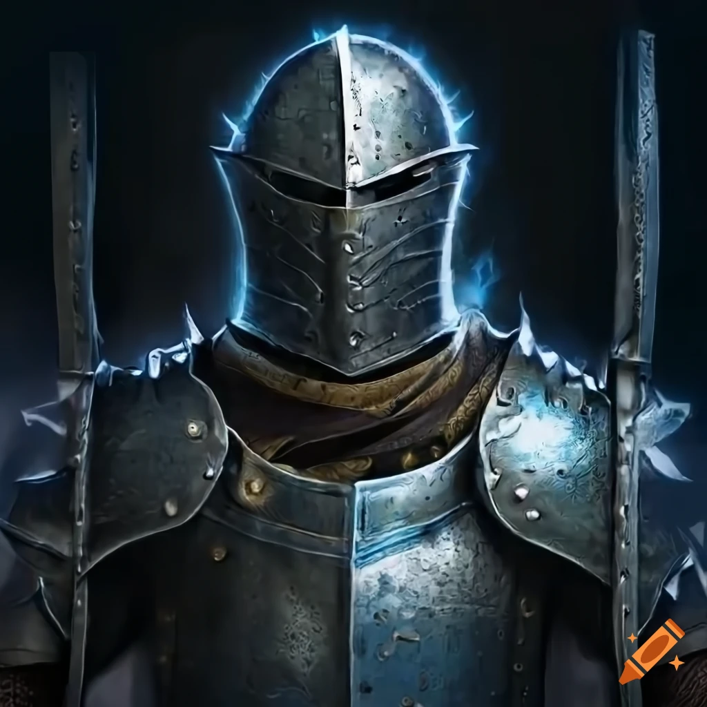 Photorealistic knight guardian in spiked plate armor with glowing blue eyes on Craiyon
