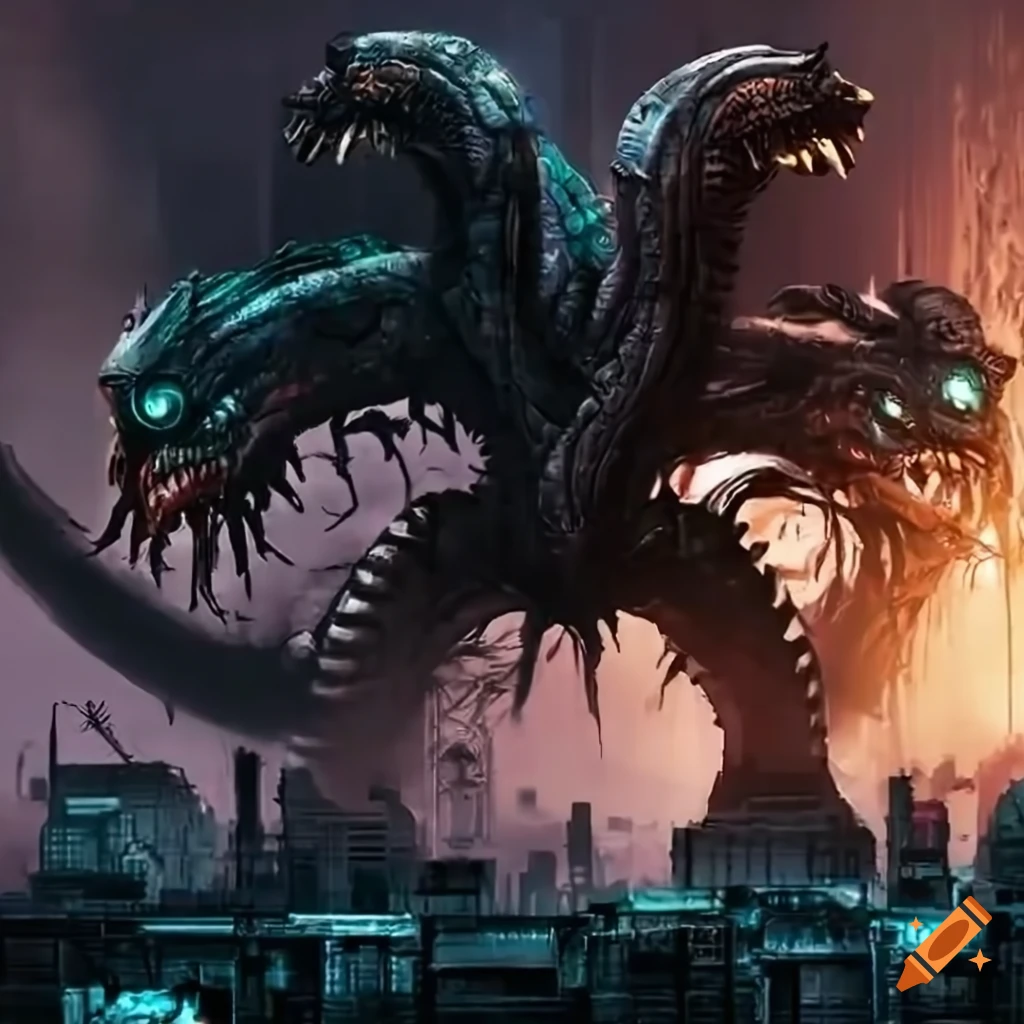 Epic battle scene with a five-headed robot hydra in a cyberpunk city on ...