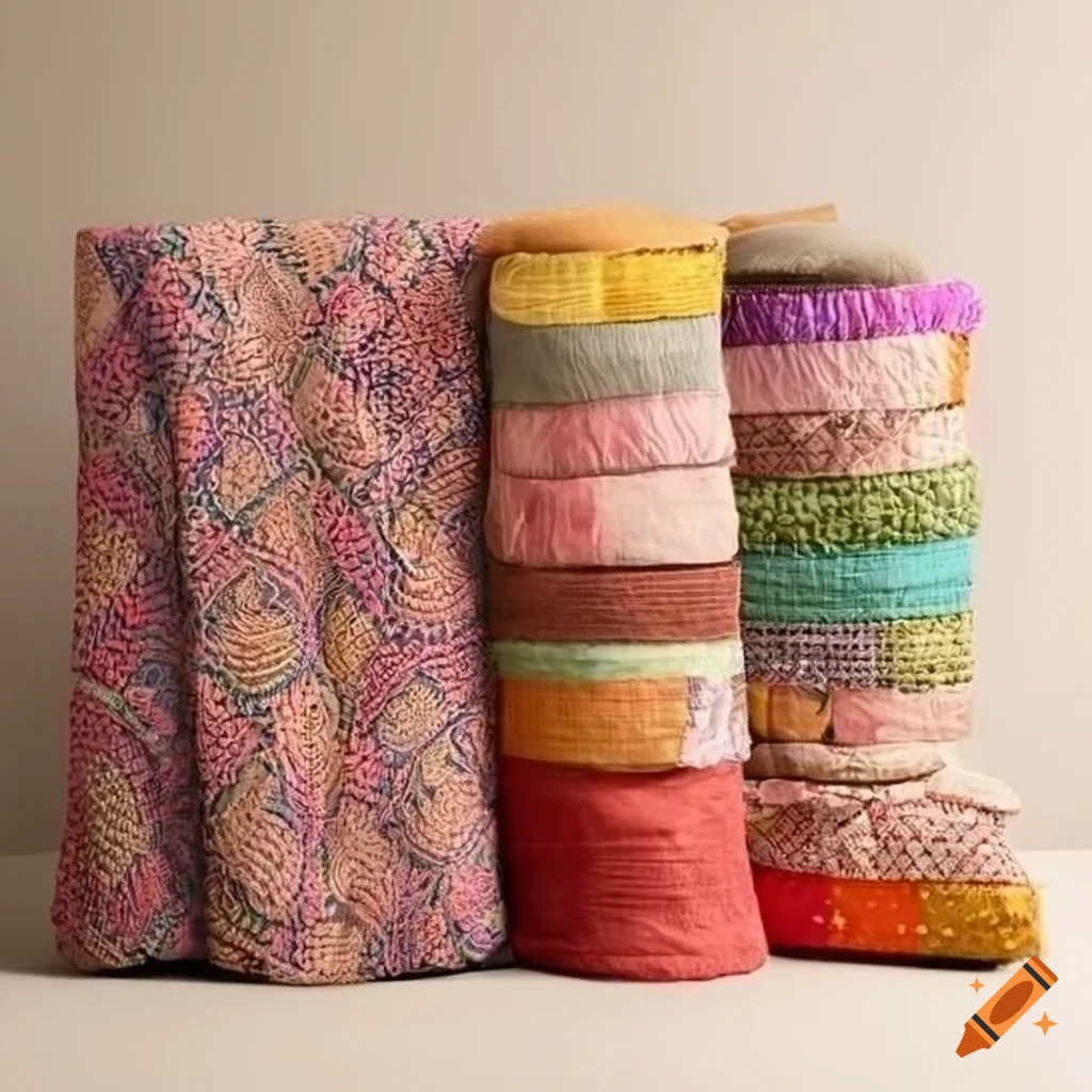 Handmade stack of Kantha Patchwork Quilts on Craiyon