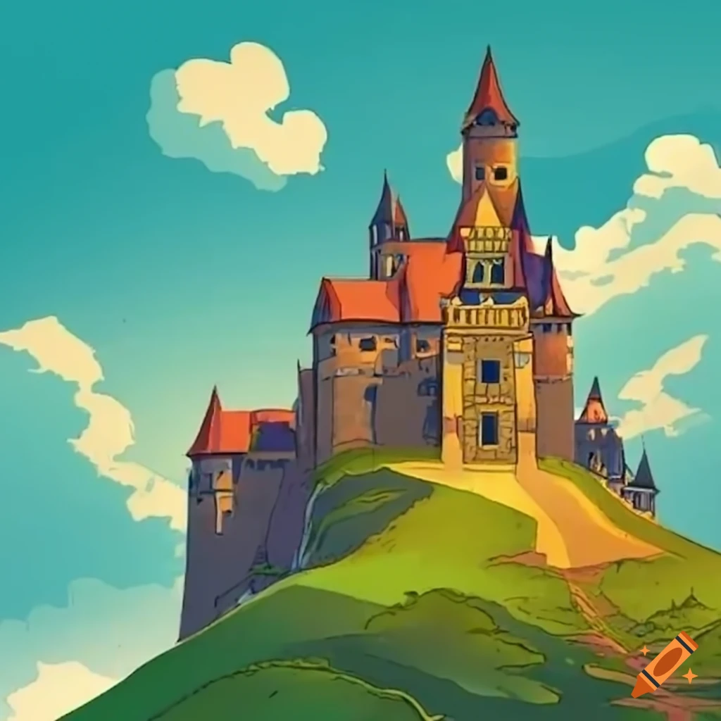 Castle with tall pointy towers on a hill with a wooded area and blue ...