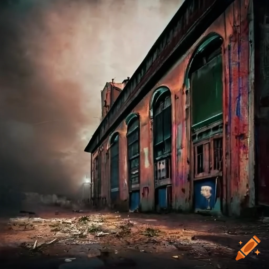 Abandoned warehouse in desolate industrial area with weathered brick ...