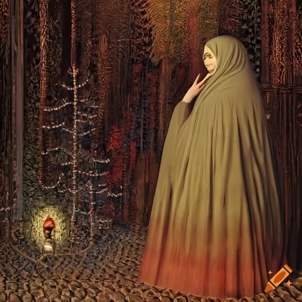 Intricate illustration of an Islamic woman in a Full Burka decorating a ...