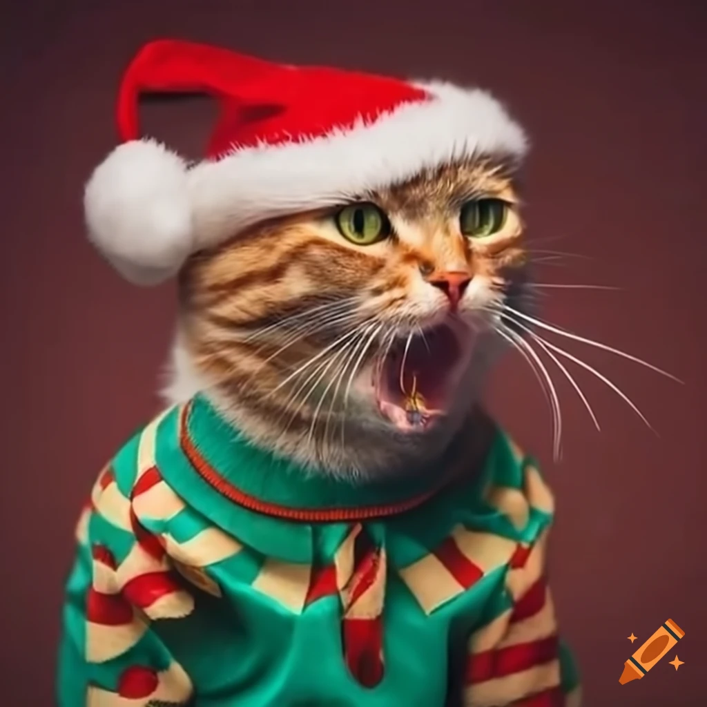 Ginger cat trying to wear elf clothes while Santa scolds it on Craiyon