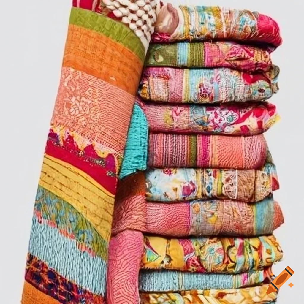 Handmade Kantha Patchwork Quilt stack on Craiyon