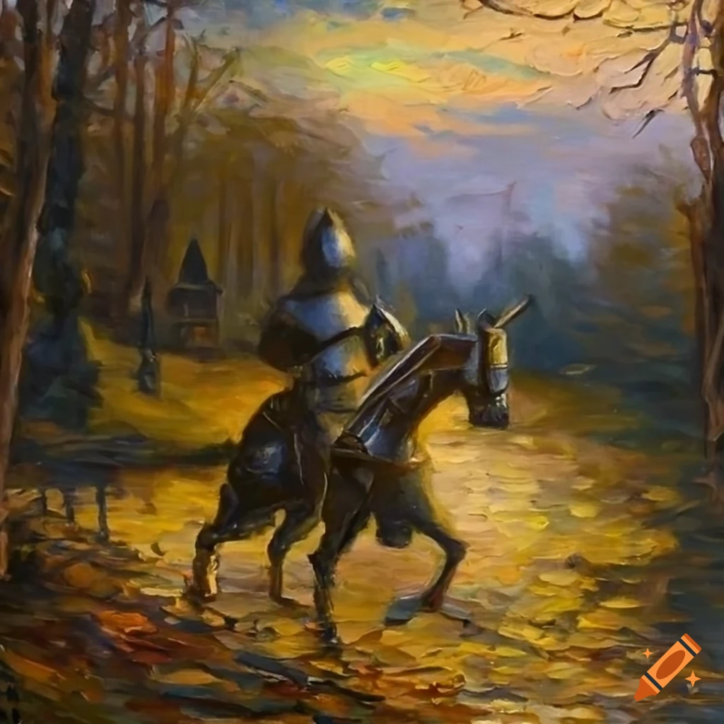 Medieval knight visiting a forest village in an impressionist painting ...