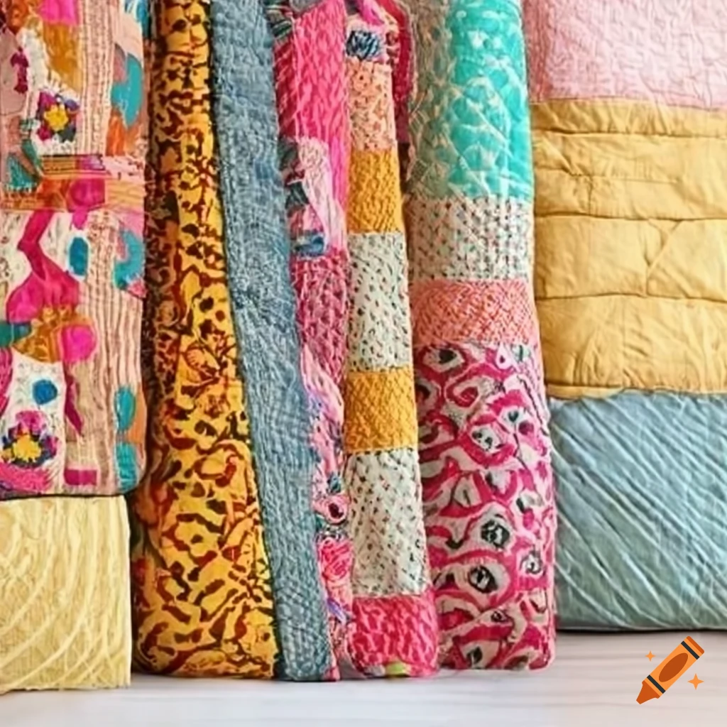 Handmade stack of Kantha Patchwork Quilts on Craiyon