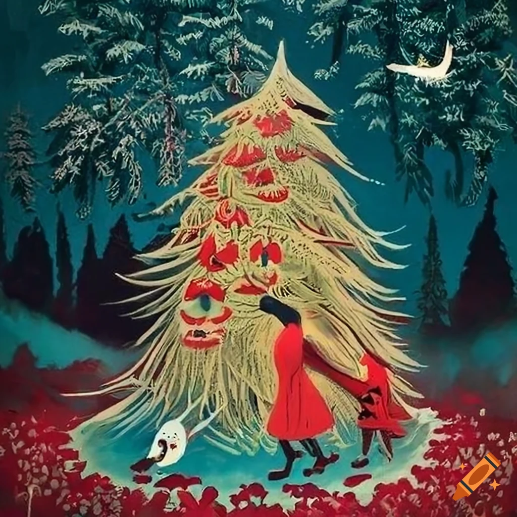 Intricate Christmas Tree made of feathers in a festive forest scene ...